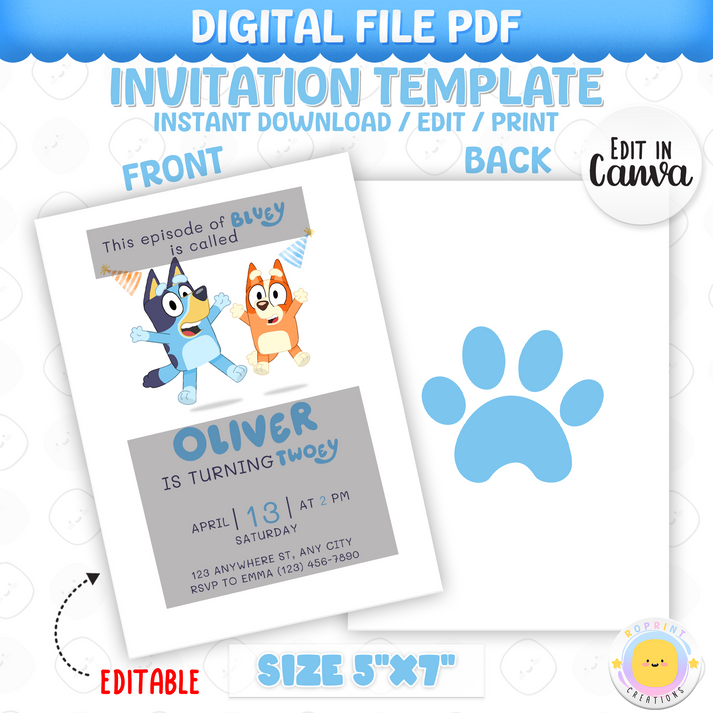 Bluey Birthday Invitation Template - Editable Bluey Template - RoPrint ...
